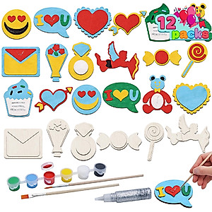 JOYIN 12Pcs Valentines Day Wooden Magnet Painting Craft Tools for Kids Paint Your Own Wood Magnets for Kids 4-8 Creativity Arts & Crafts Painting Tools Birthday Parties, Family Crafts Classroom Prize