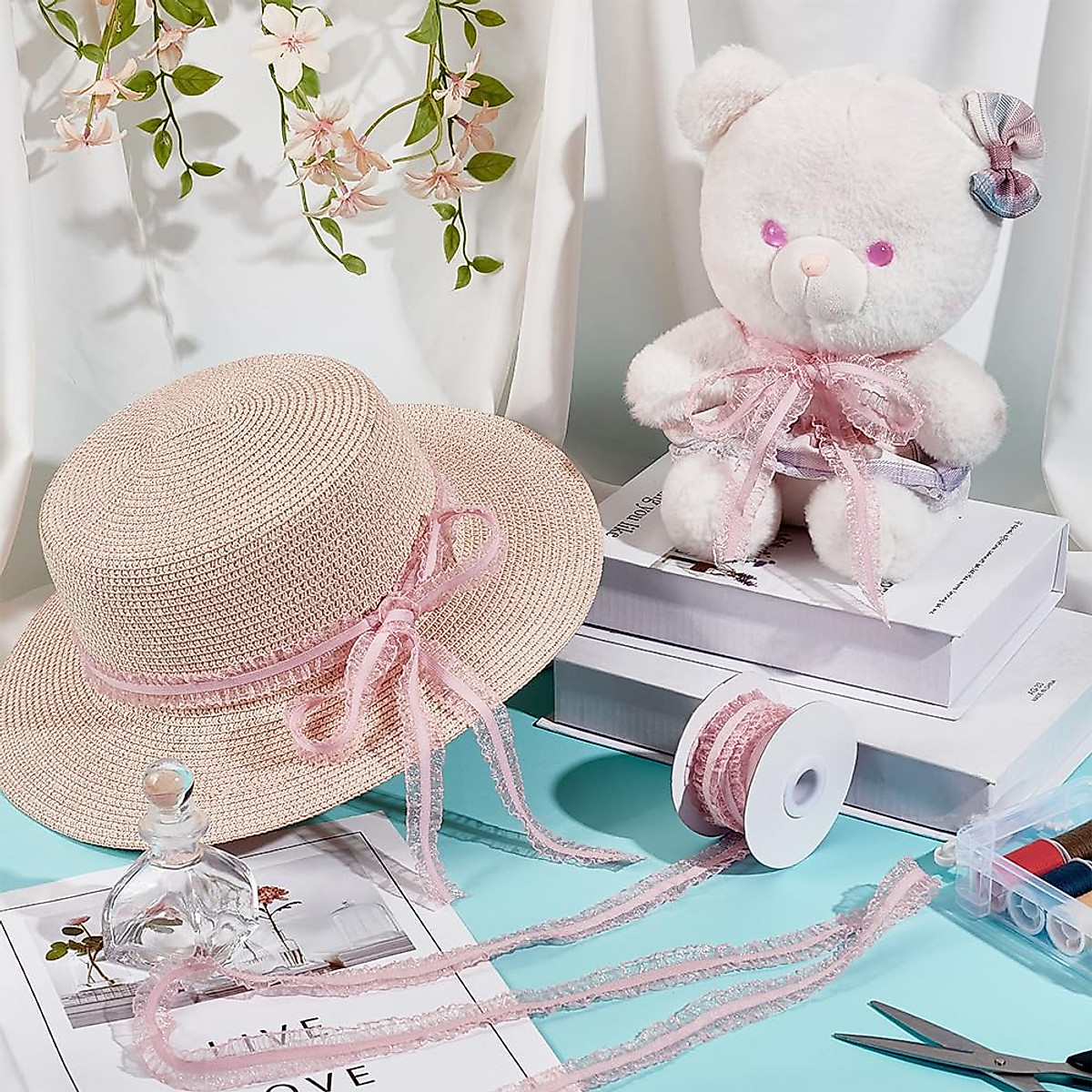 FINGERINSPIRE 10 Yards Double Ruffle Lace Trim Pink 3/4 inch Wide Ruffle Stretch Elastic Edging Trim Pleated Fabric Lace Ribbon for DIY Dress Headwear Decoration and Gift Wrapping