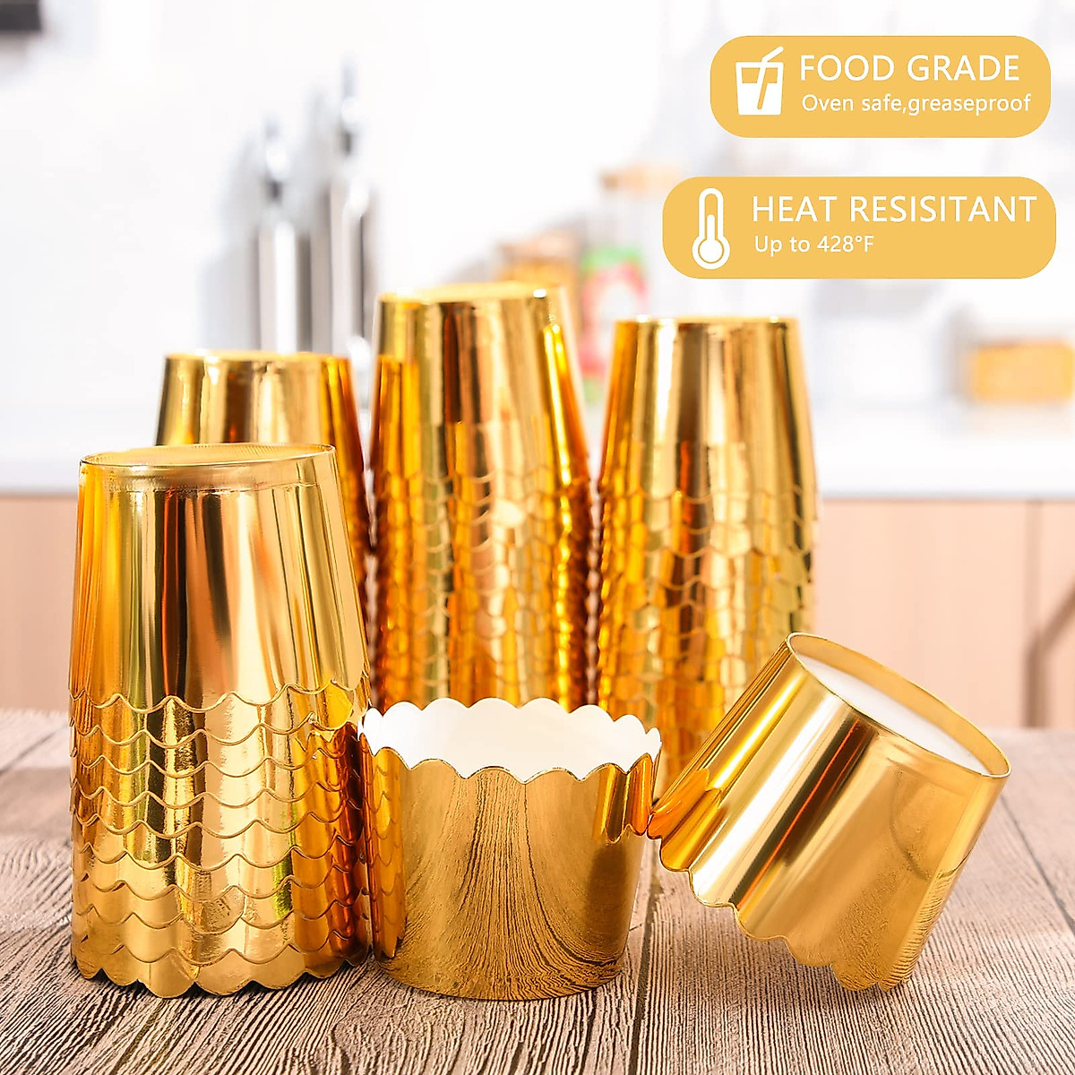 100 Pcs Foil Cupcake Liners Sturdy Muffin Baking Cups Cupcake Wrappers for Christmas Wedding Birthday Party Decoration, 1.93 x 1.8 Inch (Gold)