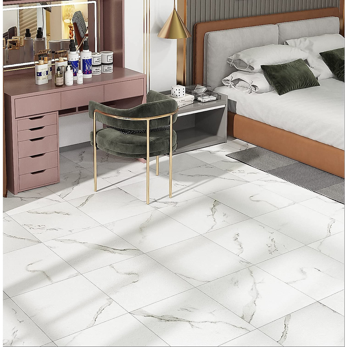 FunStick White Peel and Stick Floor Tile Waterproof 12x12 in Marble Adhesive Vinyl Flooring Peel and Stick Tiles for Bathroom Floor Tile Stickers Kitchen Laundry Room Bedroom Laminate Flooring 5 Pack