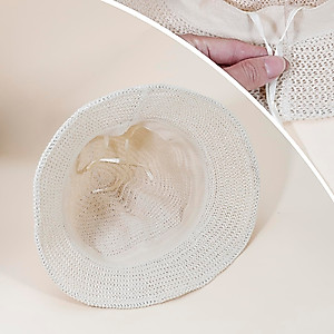 JAZTAKU Beige Bucket Hat Women Mesh Woven Bucket Hats Sun Hat Foldable Packable Wide Brim Summer Soft Beach Hat Crochet Bucket Hat for Women