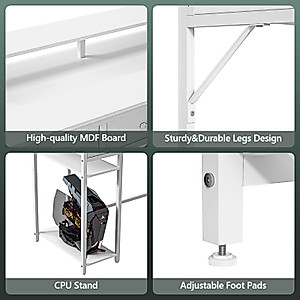 WASAGUN Computer Desk with Drawers and Storage Shelves, Home Office Desk with LED Lights & Power Outlets, Gaming Desk with Monitor Stand, Writing Study Desk, Kids Small Desk for Bedroom, White
