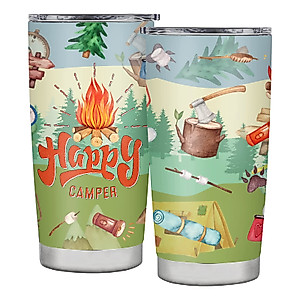 Delsakhula Happy Camper Tumbler - Insulated Stainless Steel Travel Mug With Lid - 20 OZ Gift for Women Men - Birthday Coffee Cup