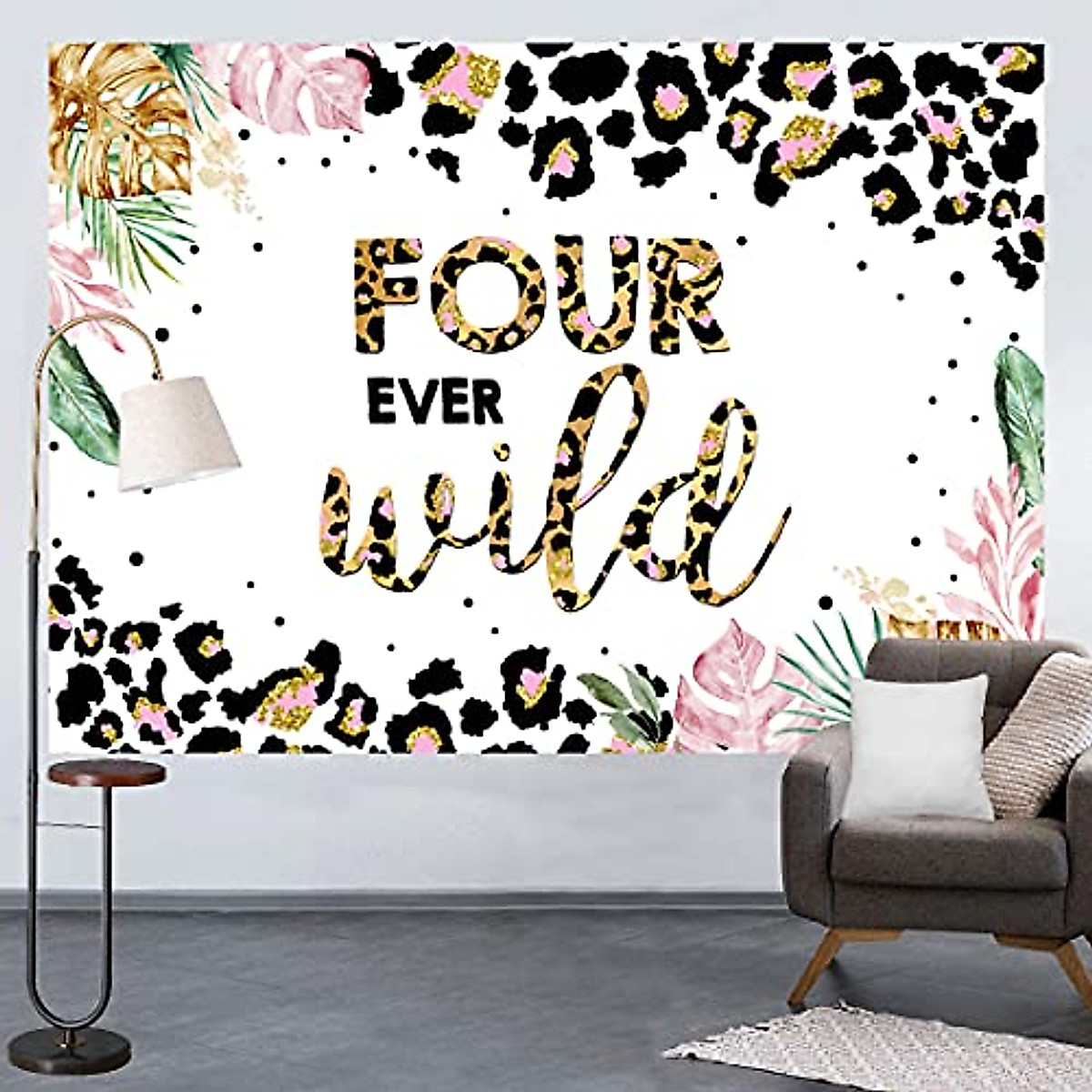 Lofaris Four Ever Wild Birthday Backdrop 4th Birthday Safari Jungle Leaves Photography Background Child Kids Birthday Party Decorations Girl Cake Table Banner Photo Booth Props 7x5ft