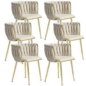 Tsuysi Velvet Dining Chairs Set of 6, Modern Dining Chair with Golden Metal Legs, Woven Upholstered Dining Chairs for Dining Room, Kitchen, Vanity, Living Room (Beige)
