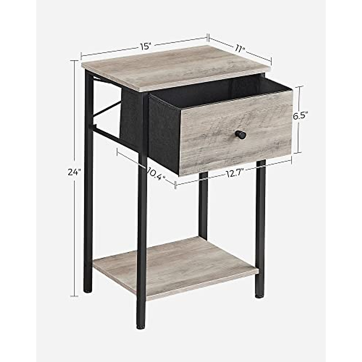 VASAGLE Nightstand, Side Table with Fabric Drawer, 24-Inch Tall End Table with Storage Shelf, Bedroom, Greige and Black ULGS021B02