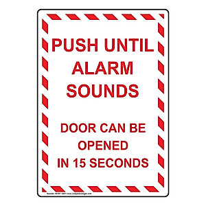 ComplianceSigns.com Vertical Push Until Alarm Sounds Door Can Be Opened in 15 Seconds Label Decal, 5x3.5 in. 4-Pack Vinyl for Enter/Exit