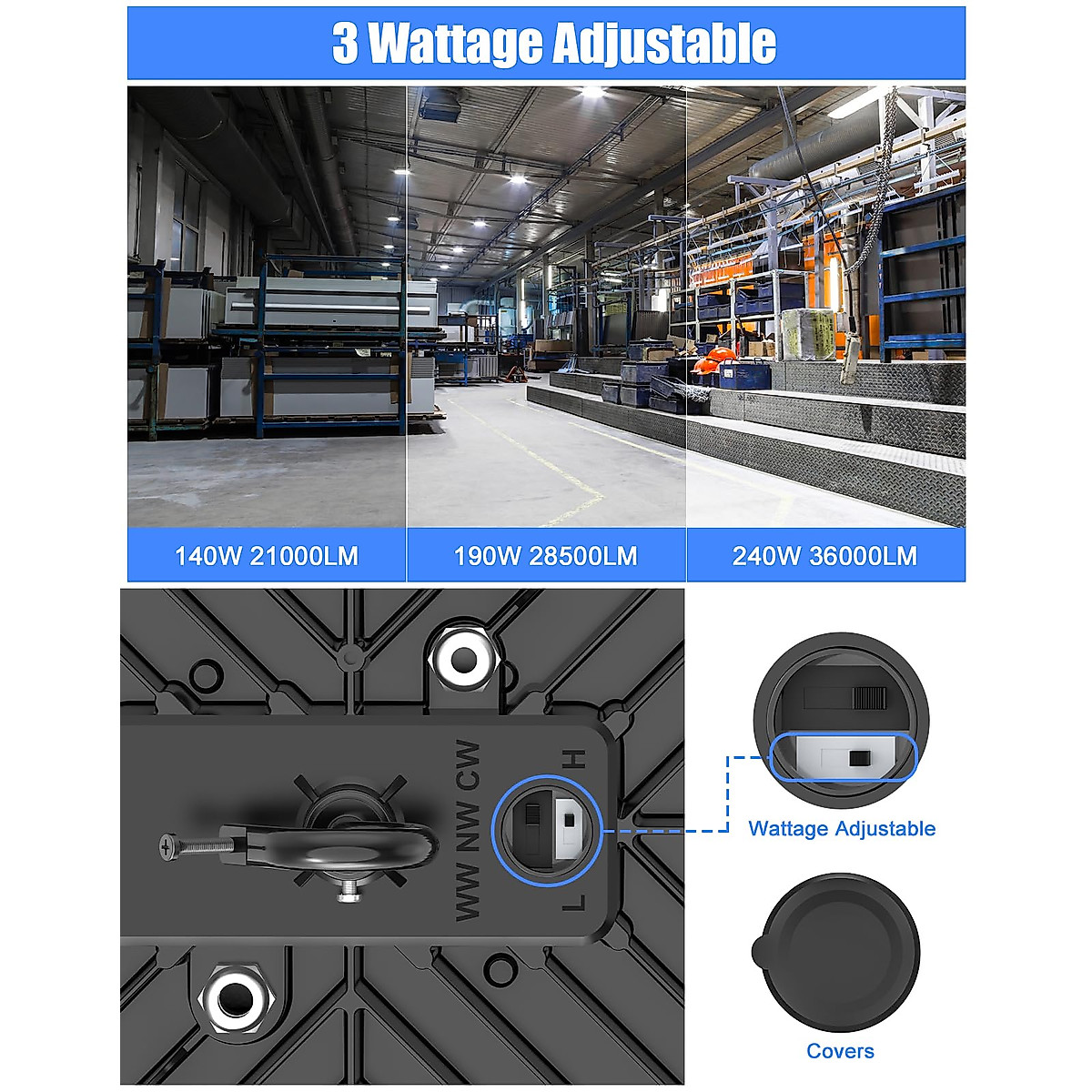 KUKUPPO 2 Pack 240W LED High Bay Light UL&DLC Listed, 36,000lm 240W/190W/140W, 3000K/4000K/5000K Adjustable LED UFO High Bay Shop Light Warehouse Light, 0-10V Dimmable, AC100-277V with Plug, Black