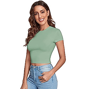 Verdusa Women's Casual Basic Cap Sleeve Slim Fitted Round Neck Crop Tee Top Mint Green M