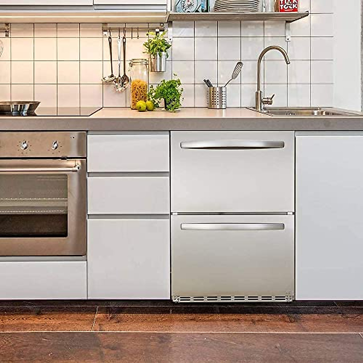 HCK 24 inch Weather Proof Design Indoor and Outdoor Undercounter Drawer Fridge, Built-in Beverage Refrigerator for Home and Commercial Use, Stainless Steel