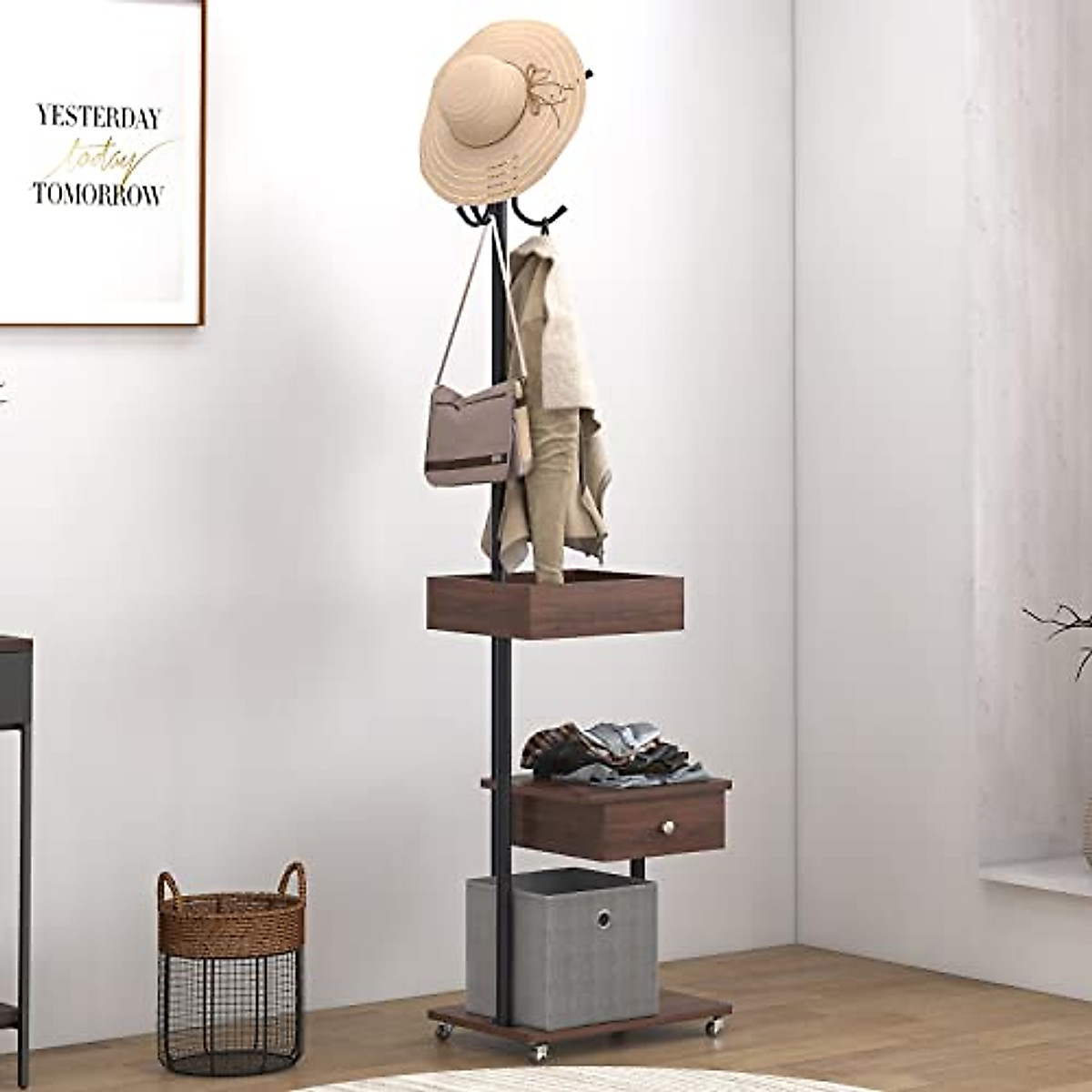 soges Coat Rack and Nightstand, Brown Wooden Nightstands with One Drawer and One Non-woven Basket, Metal Coat Rack for Bedroom, Living Room