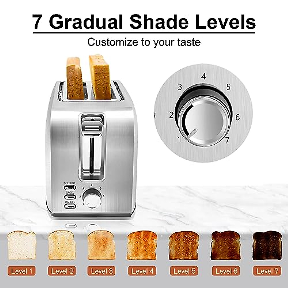 Runnatal 2 Slice Slot Toaster, Stainless Steel, Extra-Wide Slot Toaster with 7 Shade Settings, Silver Metallic