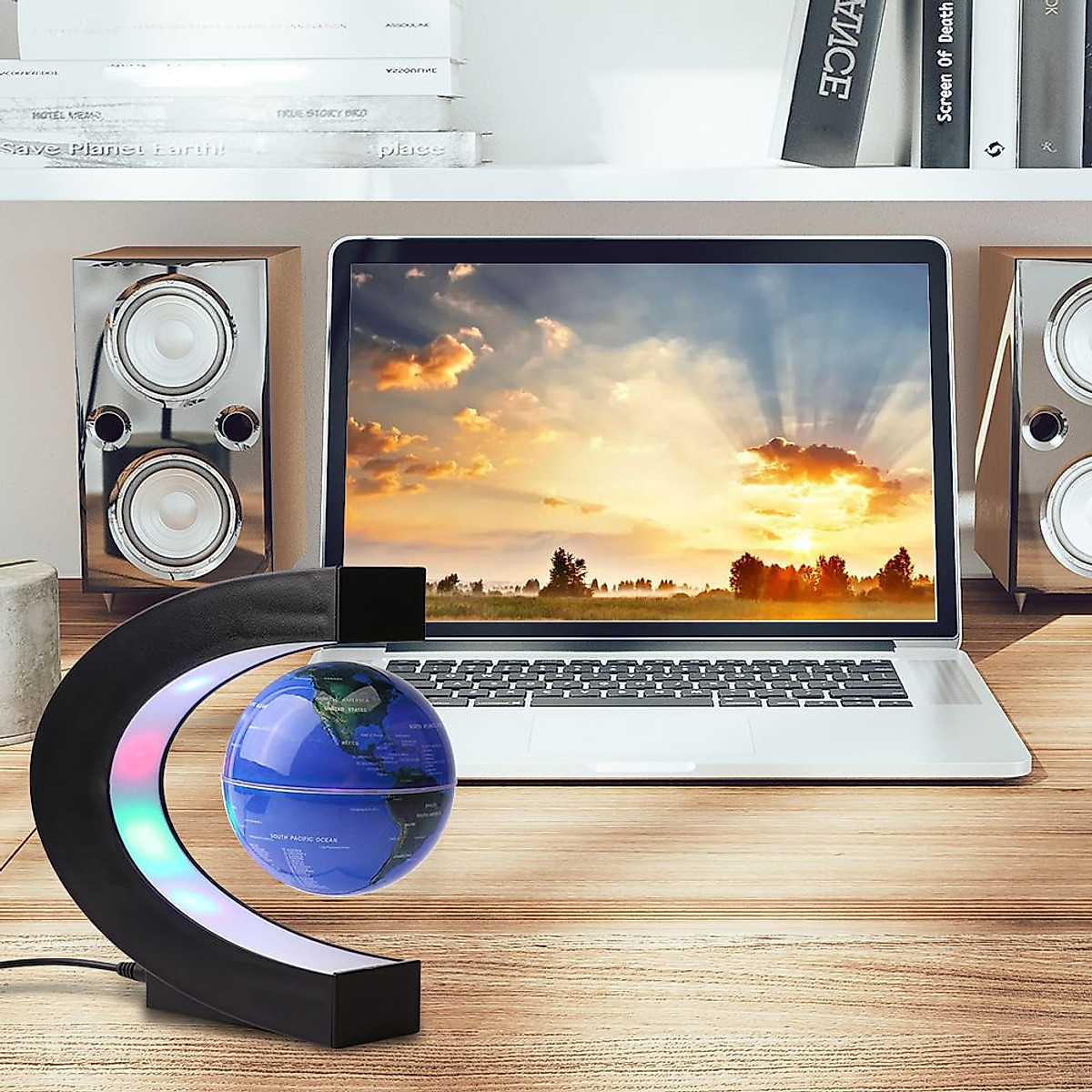 FUGEST Magnetic Floating Globe Levitation 4inch Floating Globe Led Light World Map with C Shape Base (Blue 4" Globe)