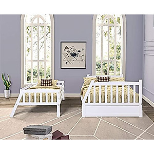 ATH-S Twin Over Twin Bunk Bed for Boys Girls Teens Adults, Solid Wood Bunk Bed Frame with Trundle and Drawers, No Box Spring Needed, White (Color : White with Drawers, Size : Twin Over Full)