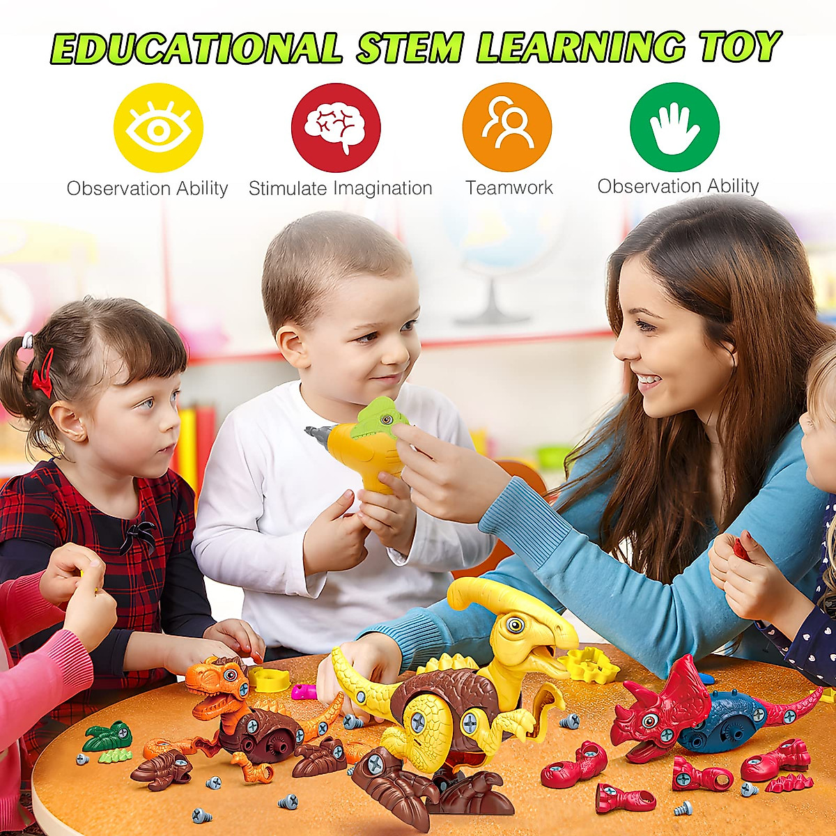 Powerextra Take Apart Dinosaur Toys, STEM Dinosaur Toy Set with Electric Drill, Educational Learning and Fun Construction for Kids Ages 3-8