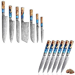 SENKEN 13-Piece 67-Layer Damascus Steel Kitchen Knife Set - "Tsunami" Collection - 7-Piece Chef Knife Set with 6 Matching Damascus Steak Knives