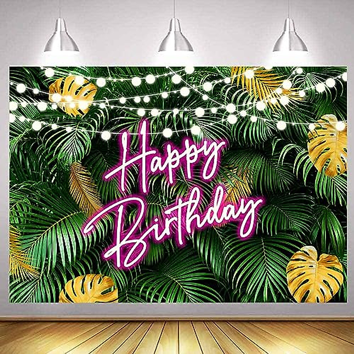 Sensfun Hawaiian Tropical Palm Leaves Happy Birthday Backdrop Aloha Luau Pink Neon Birthday Jungle Green Leaves Photo Background Adults 30th 40th 50th Birthday Decorations Banner Photo Props 7x5ft