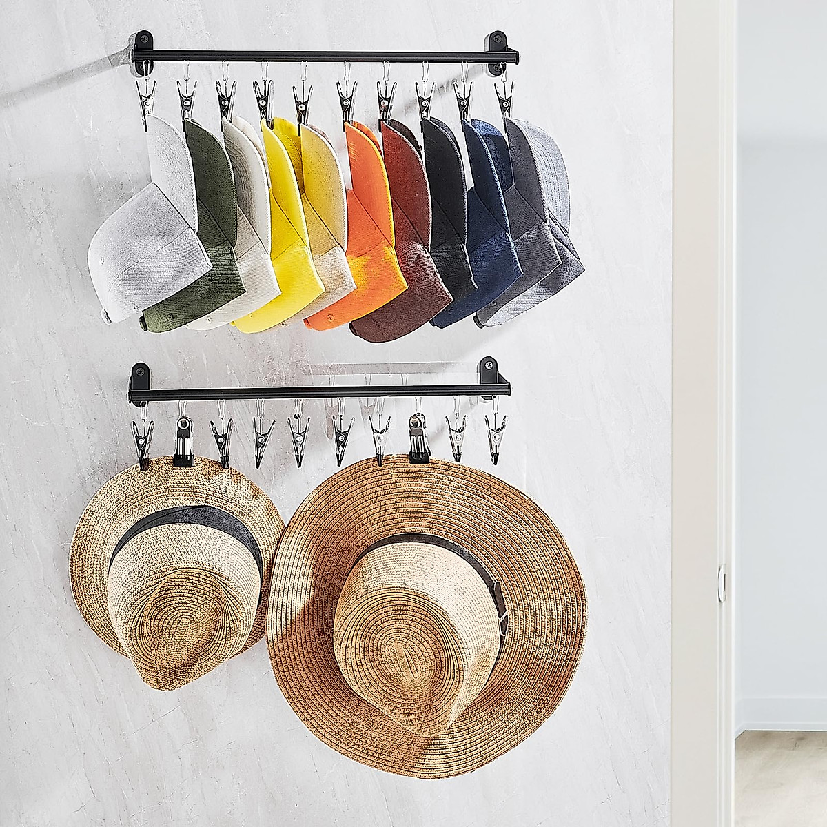 SIMVE Hat Rack for Baseball Caps Organizer with 20 Clips Modern 16.3in Metal Holder Wall Mounted Display Hanger Hanging Storage Accessories Closet Bedroom Door Entryway Organization Set of 2 Black