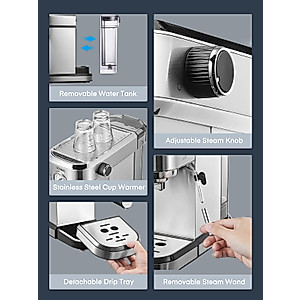 FOHERE Espresso Machine, 15 Bar Espresso and Cappuccino Maker with Milk Frother Steam Wand, Professional Espresso Coffee Machine for Espresso, Cappuccino, Latte and Mocha, Brushed Stainless Steel