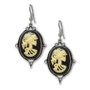 Gothic Lolita Skull Cameo Ivory on Black Dangle Earrings with Austrian Crystals