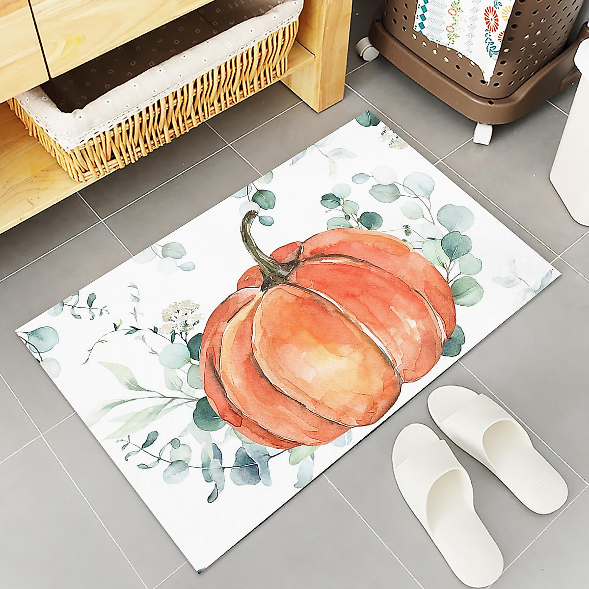 ALAGEO Fall Doormat Fall Pumpkin Door Mat Welcome Mats Entrance Floor Mat Green Eucalyptus Leaves Fall Seasonal Harvest Thanksgiving Floor Mat Outdoor Indoor Runner Rugs Non-Slip Floor Mat 20"x32"