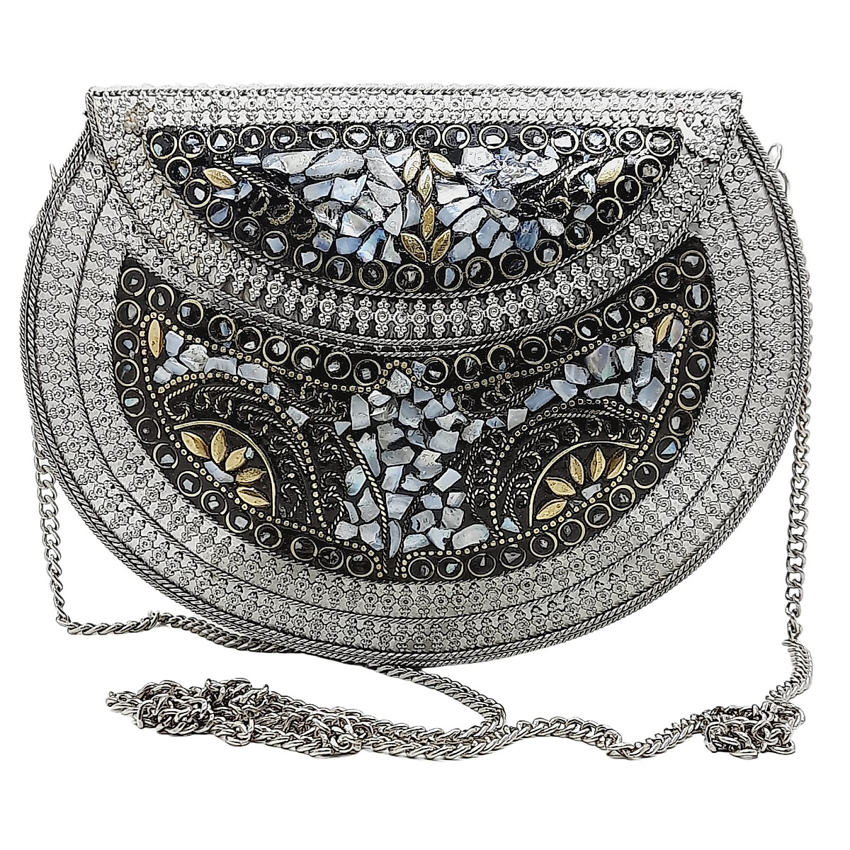 Ethnic Clutch Vintage Handmade metal Mosaic stone Shell purse Handbag for women Party Bag Special occasion accessories