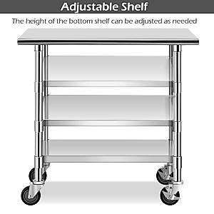 Giantex 36 × 24 Inches Stainless Steel Table w/ 4 Caster Wheels, Commercial Work Prep Table with Adjustable Lower Galvanized Shelf, Heavy Duty Metal Table for Restaurant, Kitchen