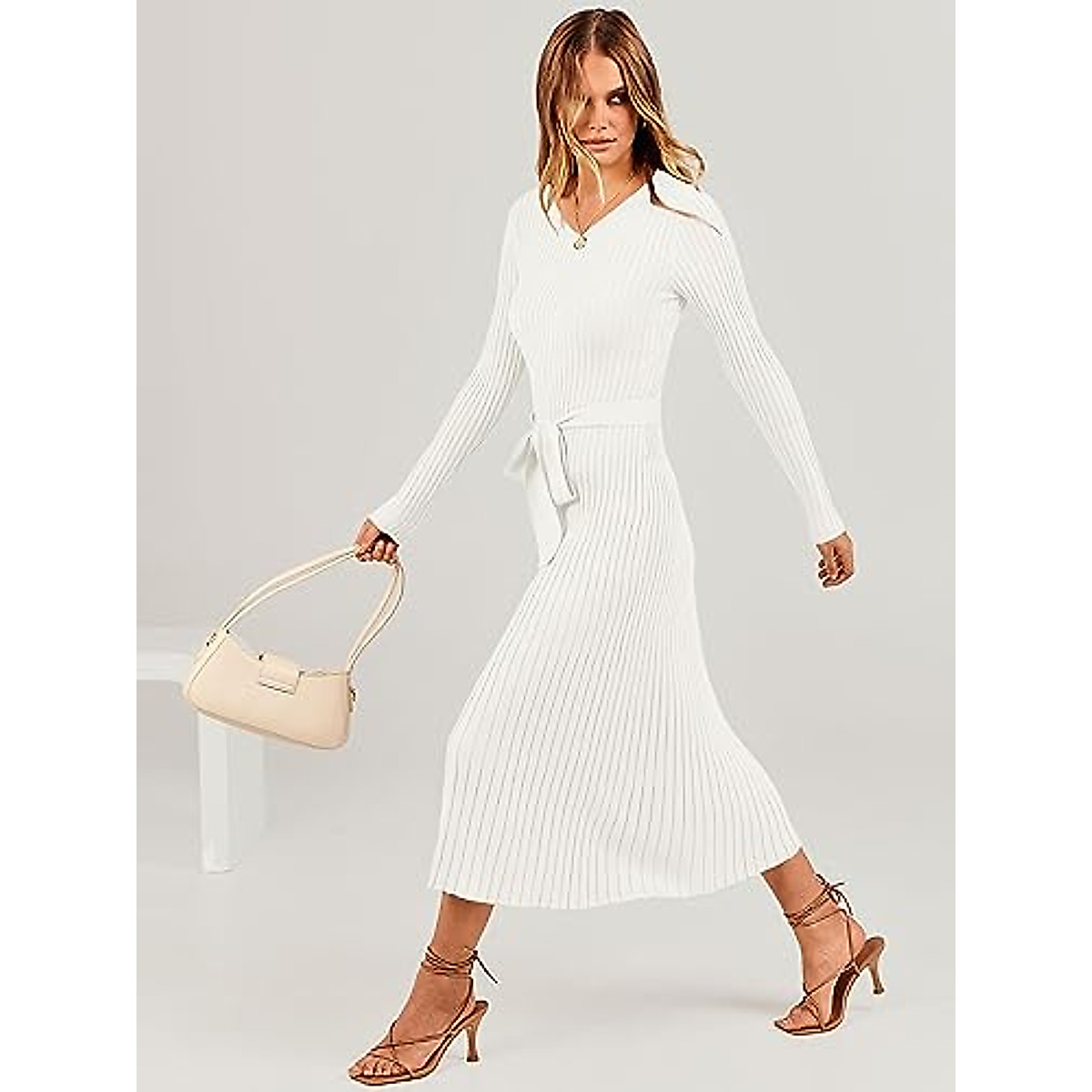ANRABESS Sweater Dresses for Women 2023 Fall Long Sleeve Ribbed Knit V Neck Tight Tie Waist Cute Comfy Holiday Warm Winter Midi Bodycon Dress with Belt 994mibai-M White