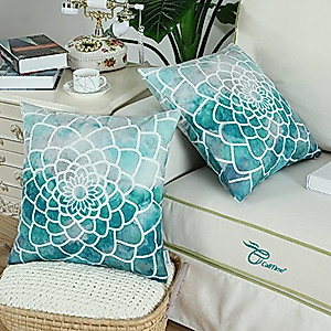 Pack of 2 CaliTime Cozy Fleece Throw Pillow Cases Covers for Couch Bed Sofa Manual Hand Painted Print Colorful Dahlia Compass 20 X 20 Inches Teal