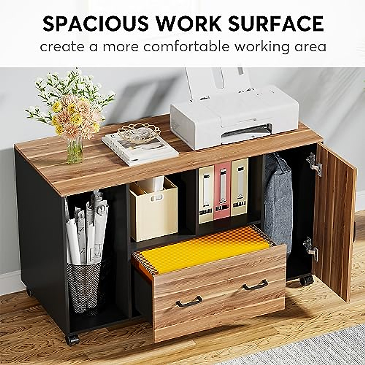 LITTLE TREE Rolling File Cabinet with Drawer and Door,Mobile Filing Cabinet with Storage Shelves and CPU Holder for Home Office,Living Room