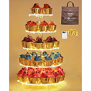 Jusalpha 5 Tier Round Cupcake Stand With Light– Premium Cupcake Holder – Acrylic Cupcake Tower With LED Light – Ideal for Weddings Birthday Parties, Candy Bar Decor 5RFs (5 Tier- Battery Power)