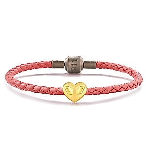 CHOW SANG SANG 999 24K Solid Gold Heart Shaped Angel Wings Mini Charm Bracelet for Women 92394C (Gold, 17 CM)