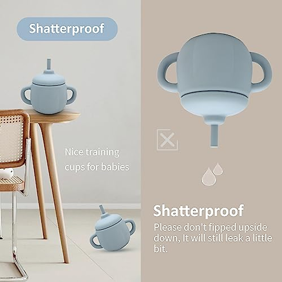 Santi & Me 2-1 Silicone Straw Cup for Baby, Spill-proof Sippy Cup for Babies 6-12-18 Month, Open Training Water Cups with Easy-Hold Handle, Baby Led Weaning Cups - BPA Free - 8.8oz (Dusty blue)