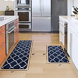 Carvapet 2 Pieces Microfiber Moroccan Trellis Non-Slip Soft Kitchen Mat Bath Rug Doormat Runner Carpet Set (17"x48"+17"x24", Navy)
