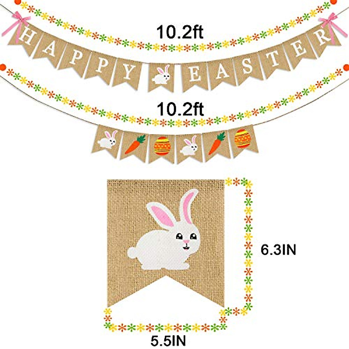 Happy Easter Banner Burlap - Rustic Easter Decorations - Easter Bunny Banner for Mantle Fireplace - Spring Easter Party Decorations Supplies - Easter Home Office School Outdoor & Indoor Hanging Decor