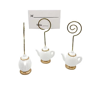 AMERRY 10Pcs Teapot Table Card Holder，Place Card Holders, Table Number Holder，Photo Holders, Party Favors, Wedding Decorations ，Delicious Afternoon Tea, Delicious Breakfast teapot(Golden and White)