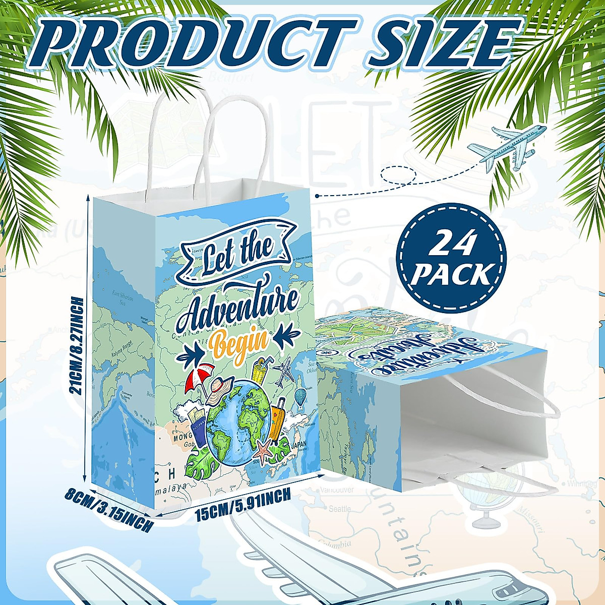 Yeaqee 24 Pcs Adventure Themed Party Favor Bags Adventure Gift Bags Blue World Map Paper Bags with Handle Travel the World Candy Treat Bags Gift Wrapping Bags for Weeding Birthday Party Favor