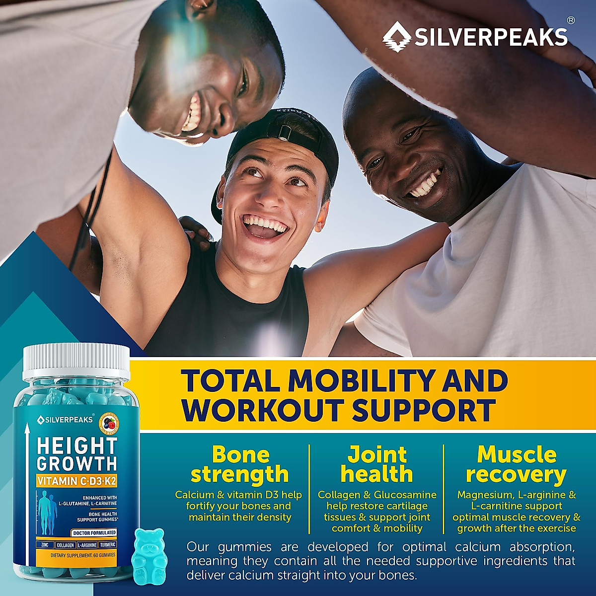 SILVERPEAKS Growth Gummies to Grow Taller - Height Growth Maximizer with Calcium Magnesium Vitamin D3 K2 - Bone Growth Get Taller Supplement - Natural Growth Pills - 60 Calcium Chews for Women & Men