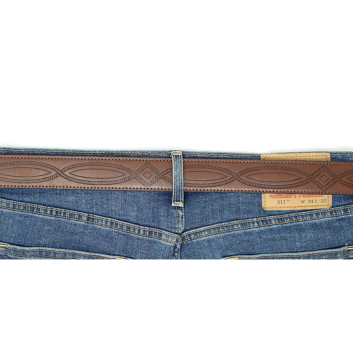 BC Belts Leather Belt Strap with Fancy Saddle Stitch Embossed Pattern 1.5" Wide with Snaps (Brown-S)