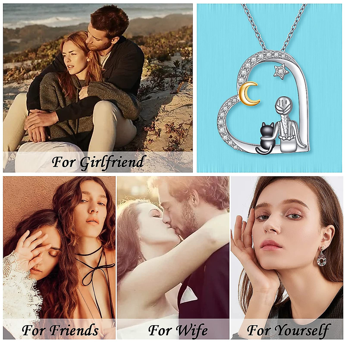 JZMSJF S925 Sterling Silver Black Cat Heart Pendant Necklaces Cute Animal Jewelry Gifts for Women Teens