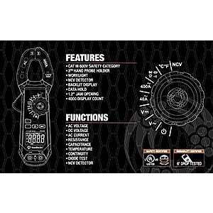 Southwire 21510N clamp meter; third-hand test probe holder; 400A AC current range; CAT III 600V safety rating; built-in non-contact voltage detector; 5 year warranty; Black Brown