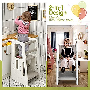 Costzon Kids Kitchen Step Stool with Double Safety Rails, Toddler Learning Stool with 3 Adjustable Heights and Non-Slip Foot Pads, Toddler Tower for Kitchen Countertop and Bathroom (Gray)