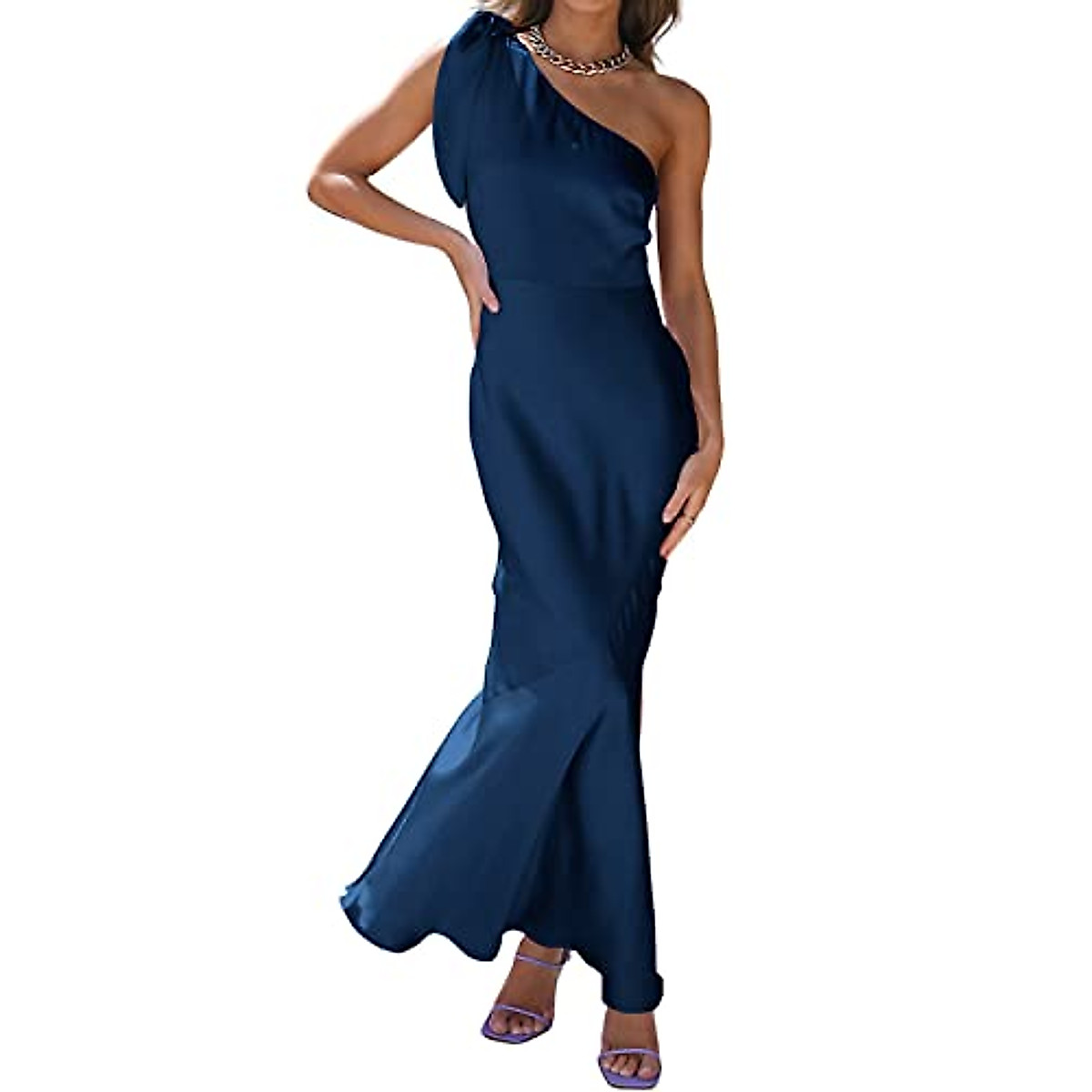 PRETTYGARDEN Womens 2023 Casual One Shoulder Bodycon Maxi Dress Elegant Sleeveless Split Mermaid Party Long Dresses (Navy, XX-Large)