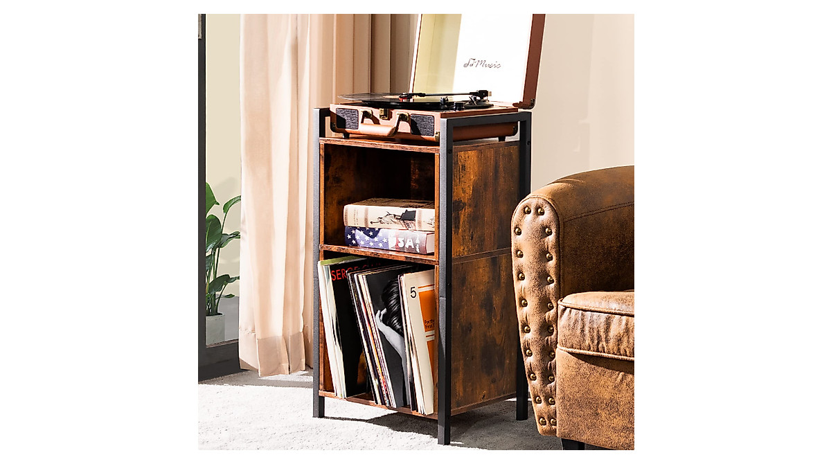 LELELINKY Vinyl Record Stand with Storage - Retro Brown Organizer
