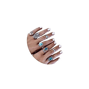 Barode Boho Turquoise Knuckle Vintage Feather Joint Knuckle Ring Set Stackable Midi Ring Set for Women(8PCS)