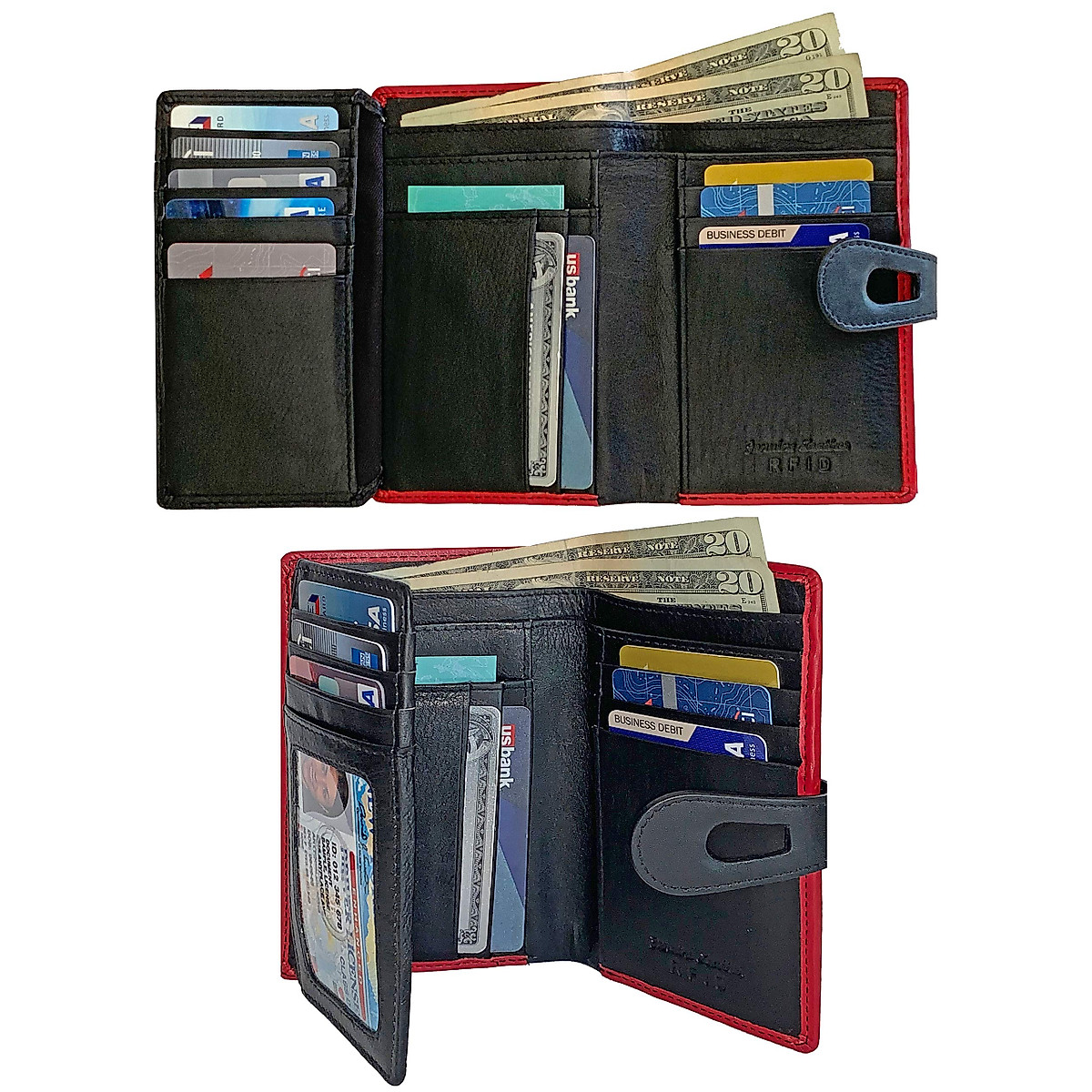 123 Cheap Checks Personalized RFID Leather Womens Wallet With Credit Card Holders, Snap Closure, Medium Size - Red/Black