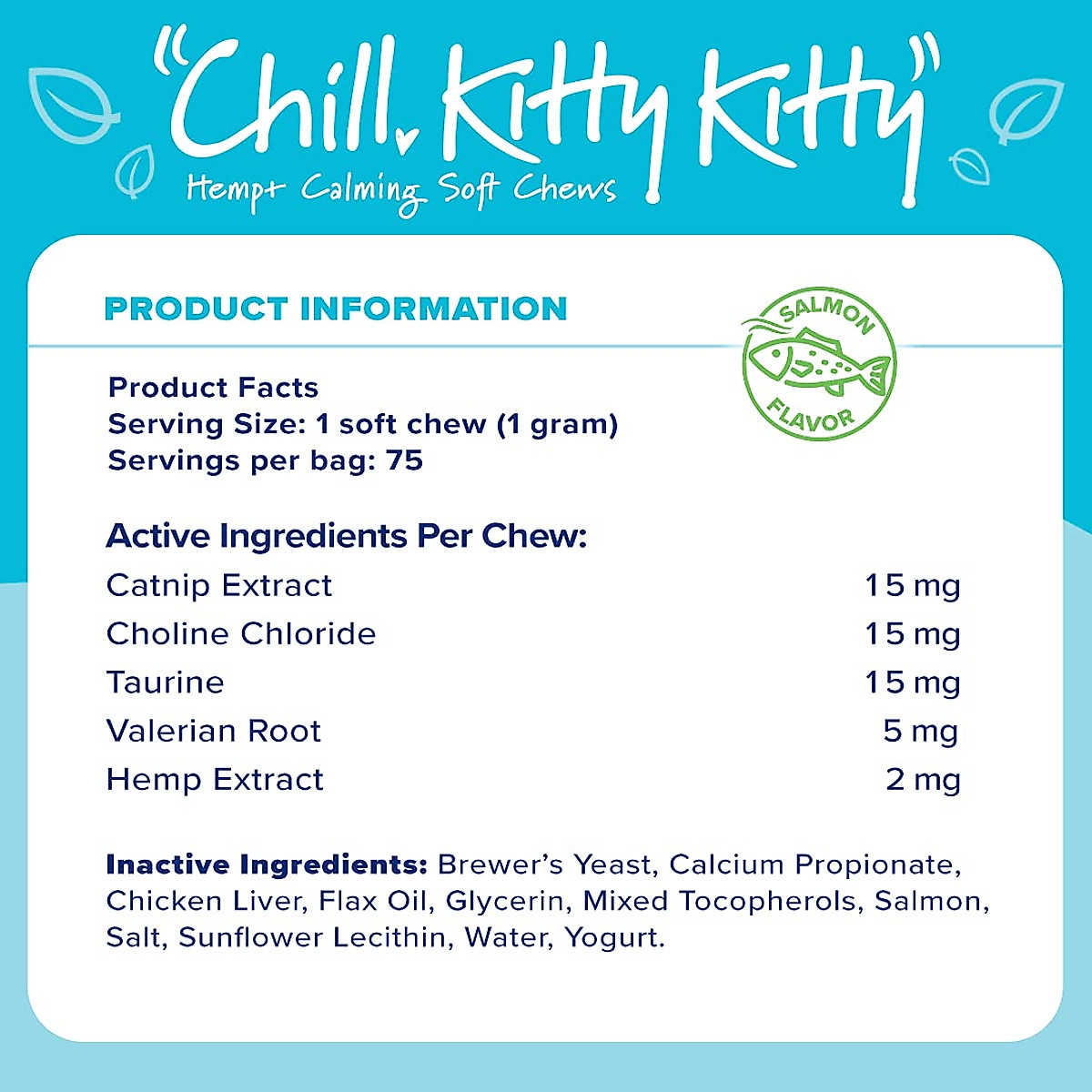 Okoa Pet “Chill, Kitty Kitty” Hemp Calming Supplement for Cats - Cat Anxiety Support Soft Chews for Reduced Stress, Thunder, Travel, & Separation - Salmon Flavor Hemp Treats - Vet Formulated, USA Made