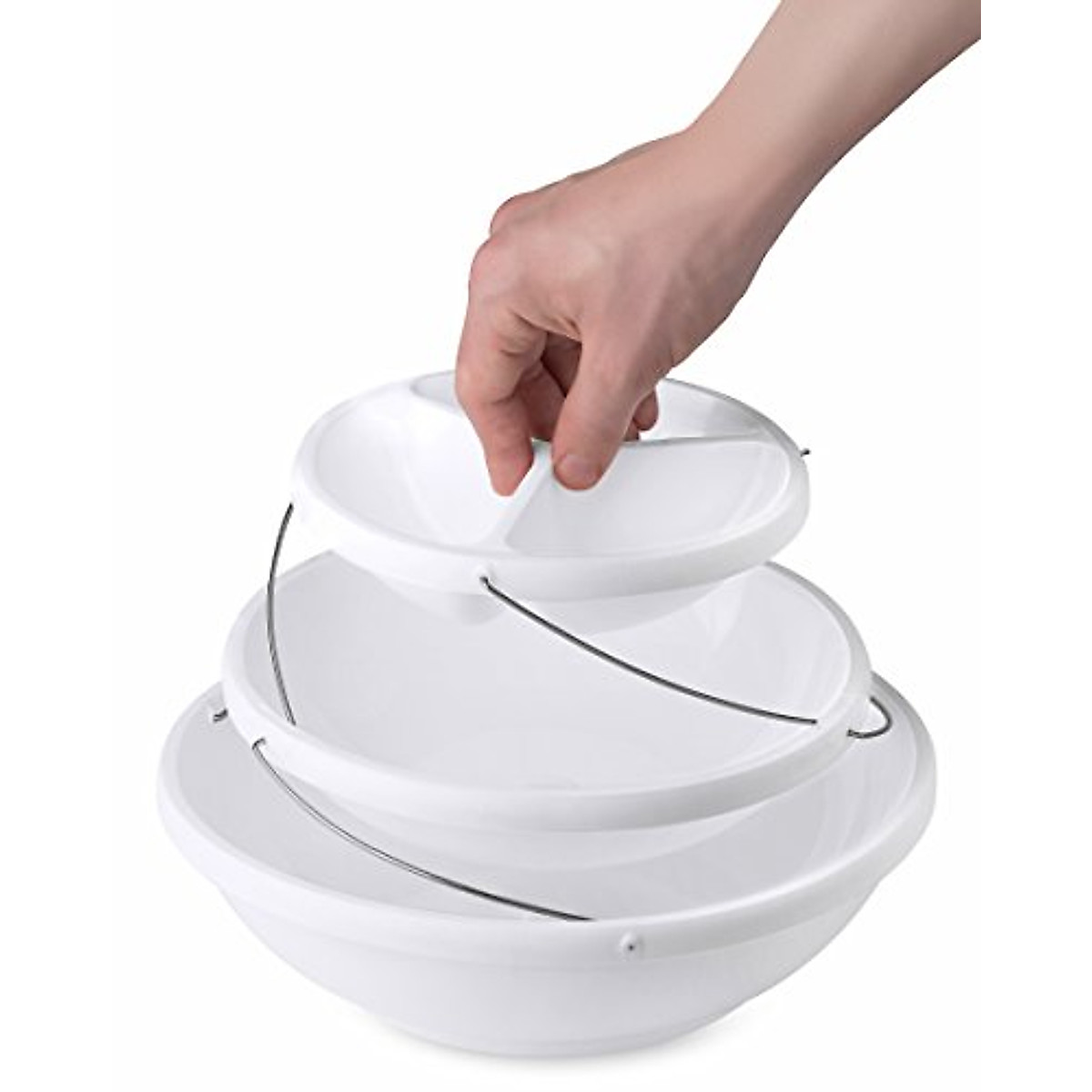 Collapsible Bowl, 3 Tier - The Decorative Plastic Bowls Twist Down and Fold Inside for Minimal Storage Space. Perfect for Serving Snacks, Salad and Fruit. The Top Bowl is Divided into Three Sections.