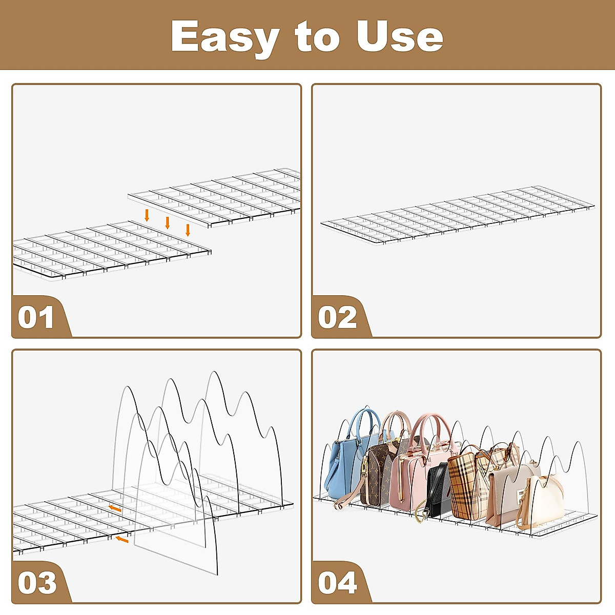 Purse Organizer for Closet, 8pcs Adjustable Clear Handbag Storage Organizer, Shelf Dividers for Closet Organization, Small Bookshelf Separator Bag Dividers for Bedroom, House, Office, Cabinet