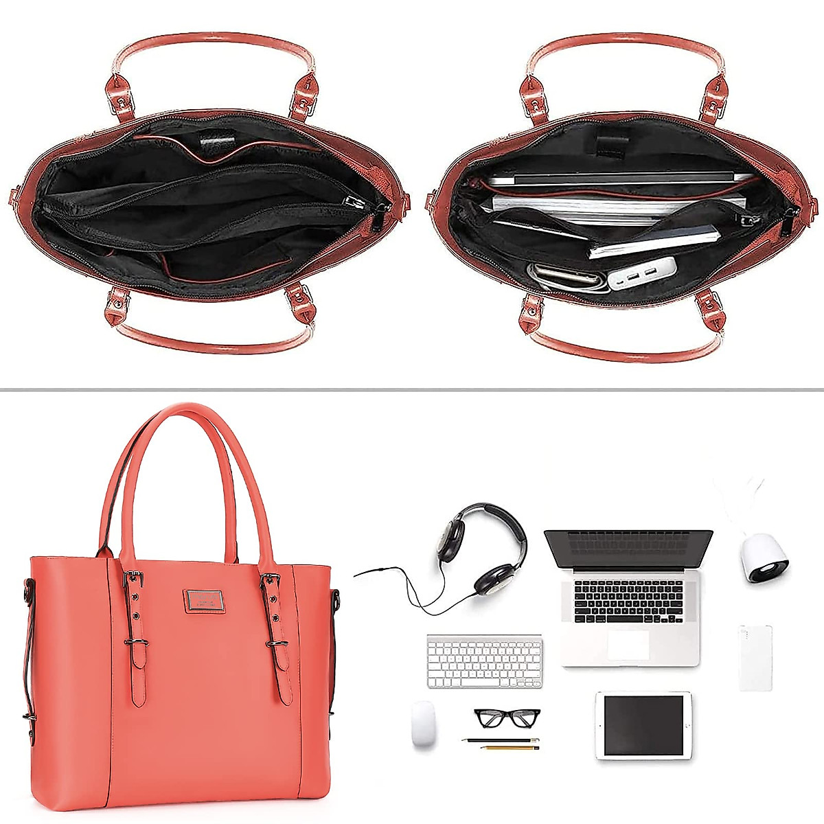 MOSISO PU Leather Laptop Tote Bag for Women (17-17.3 inch), Waterproof Large Capacity Business Work Briefcase Shoulder Laptop Bag, Living Coral